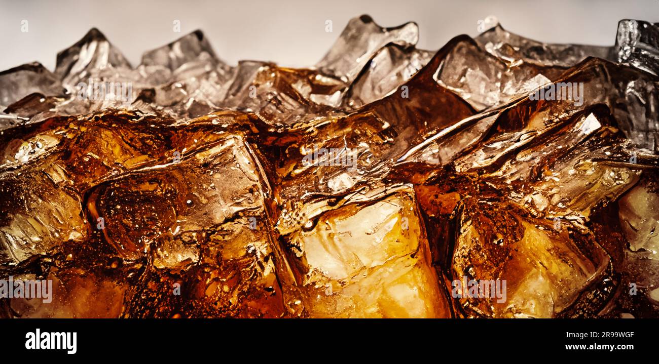 Cola with Ice. Close up of the ice cubes in cola water. Texture of ...