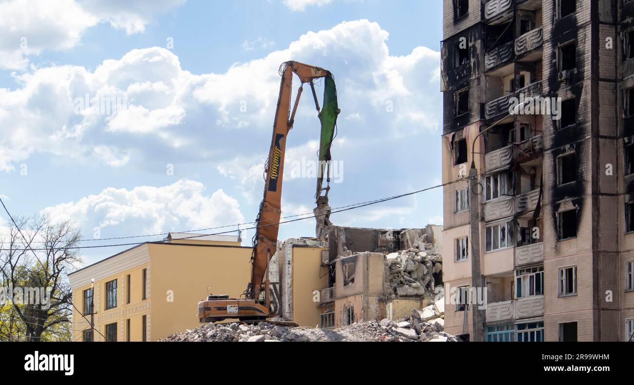 Demolition of a high-rise building. The collapse of a residential ...