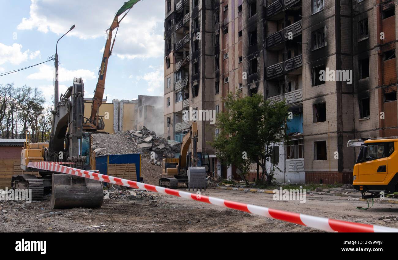Demolition of a high-rise building. The collapse of a residential ...