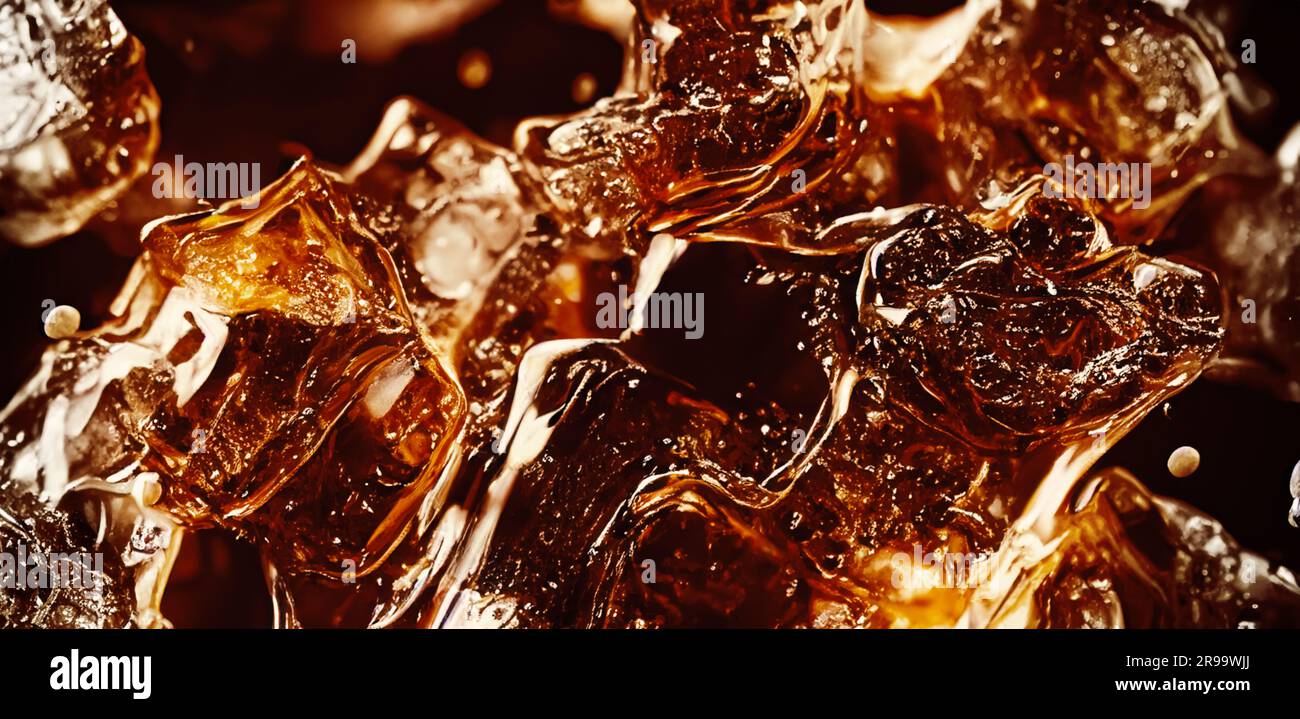 Cola with Ice. Close up of the ice cubes in cola water. Texture of ...