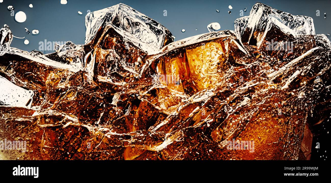 Cola with Ice. Close up of the ice cubes in cola water. Texture of ...