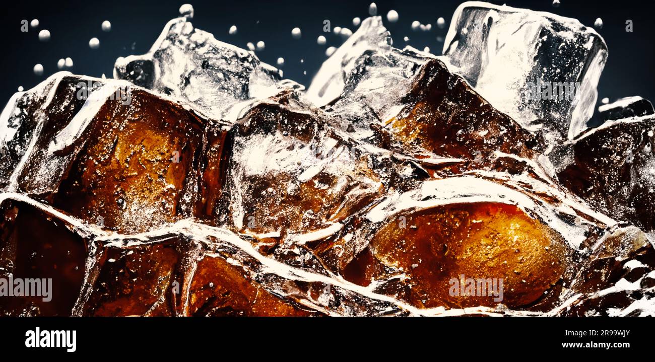 Cola with Ice. Close up of the ice cubes in cola water. Texture of carbonate drink with bubbles ...