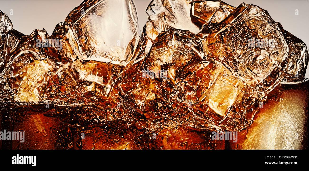 Cola with Ice. Close up of the ice cubes in cola water. Texture of ...