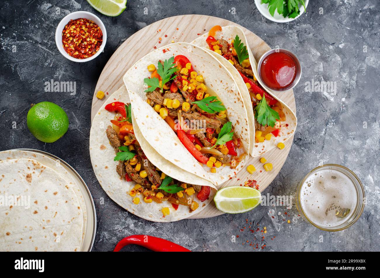 Mexican Tacos with Beef and Vegetables, Tacos al Pastor on Dark Rustic ...