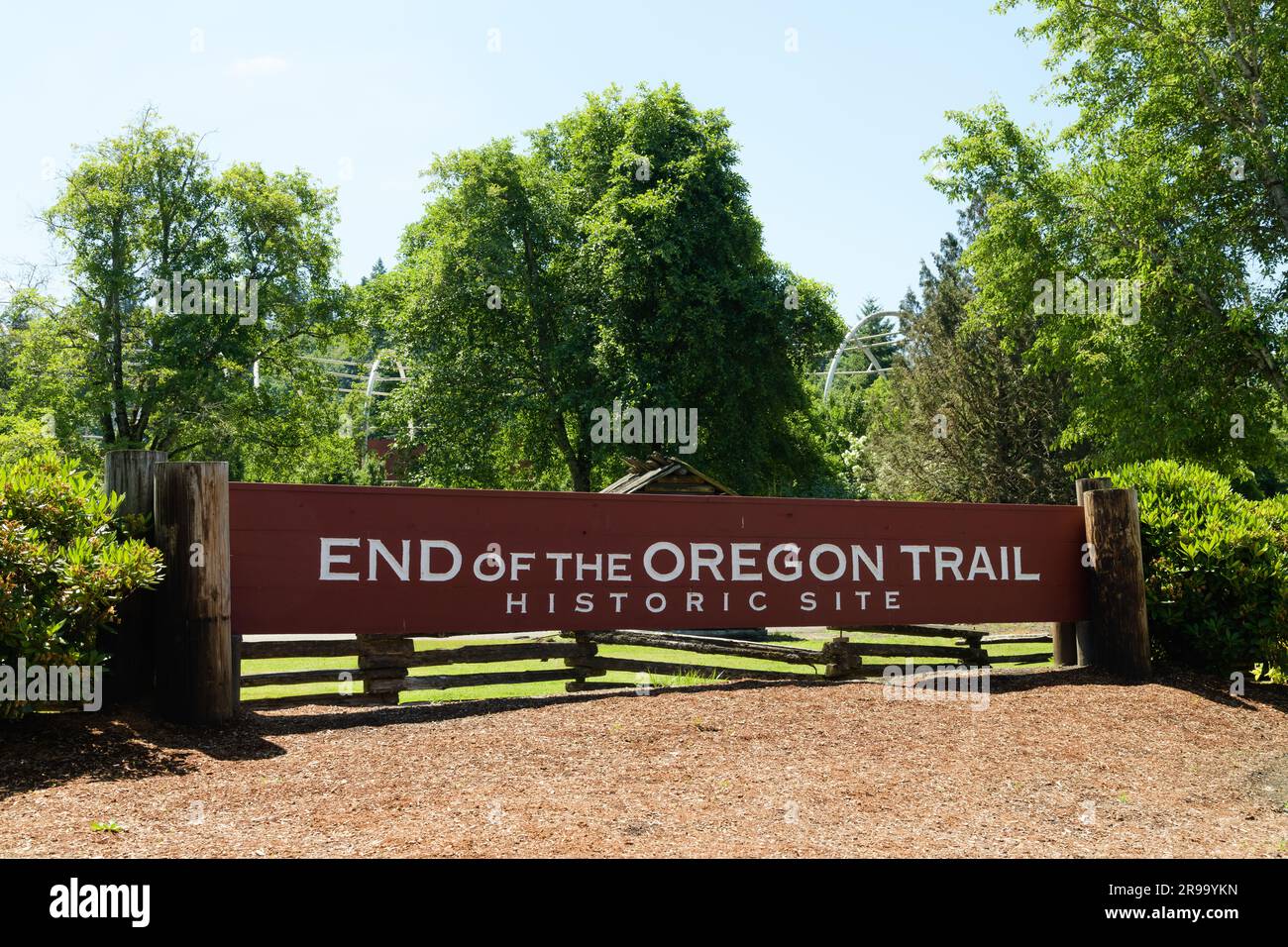 Oregon City, OR, USA - June 11, 2023; Sign at End of the Oregon Trail ...