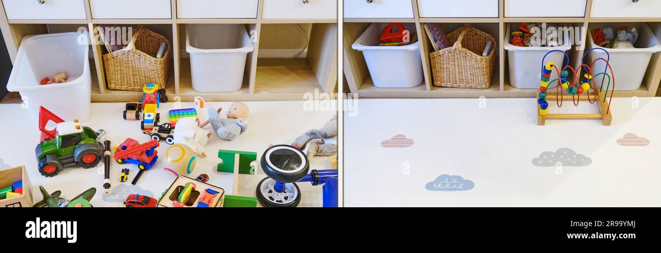 Children room littered with toys and a clean nursery, before and after ...