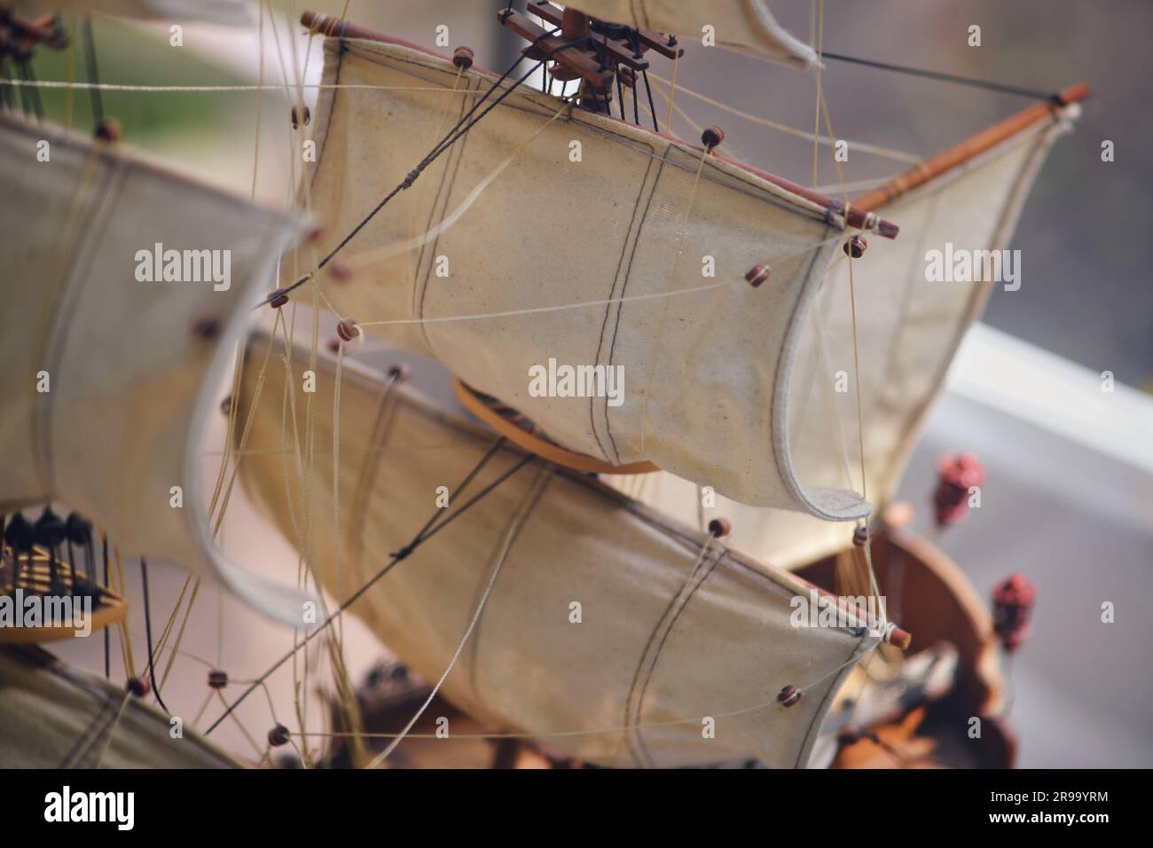 Antique gun ship with boats and sails, mock-up. Old objects of the 18th ...