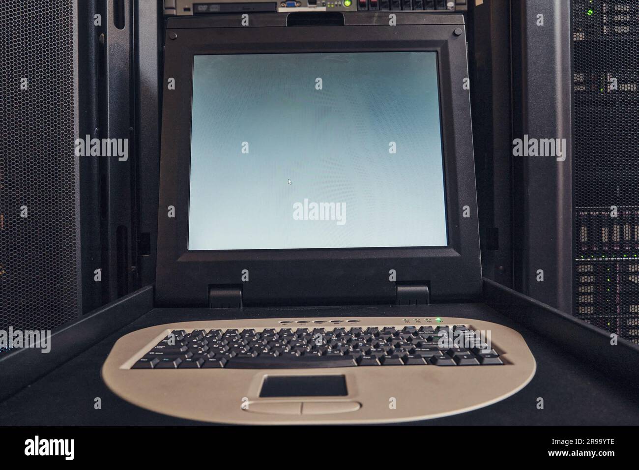 The monitor screen in the server room displays important information ...