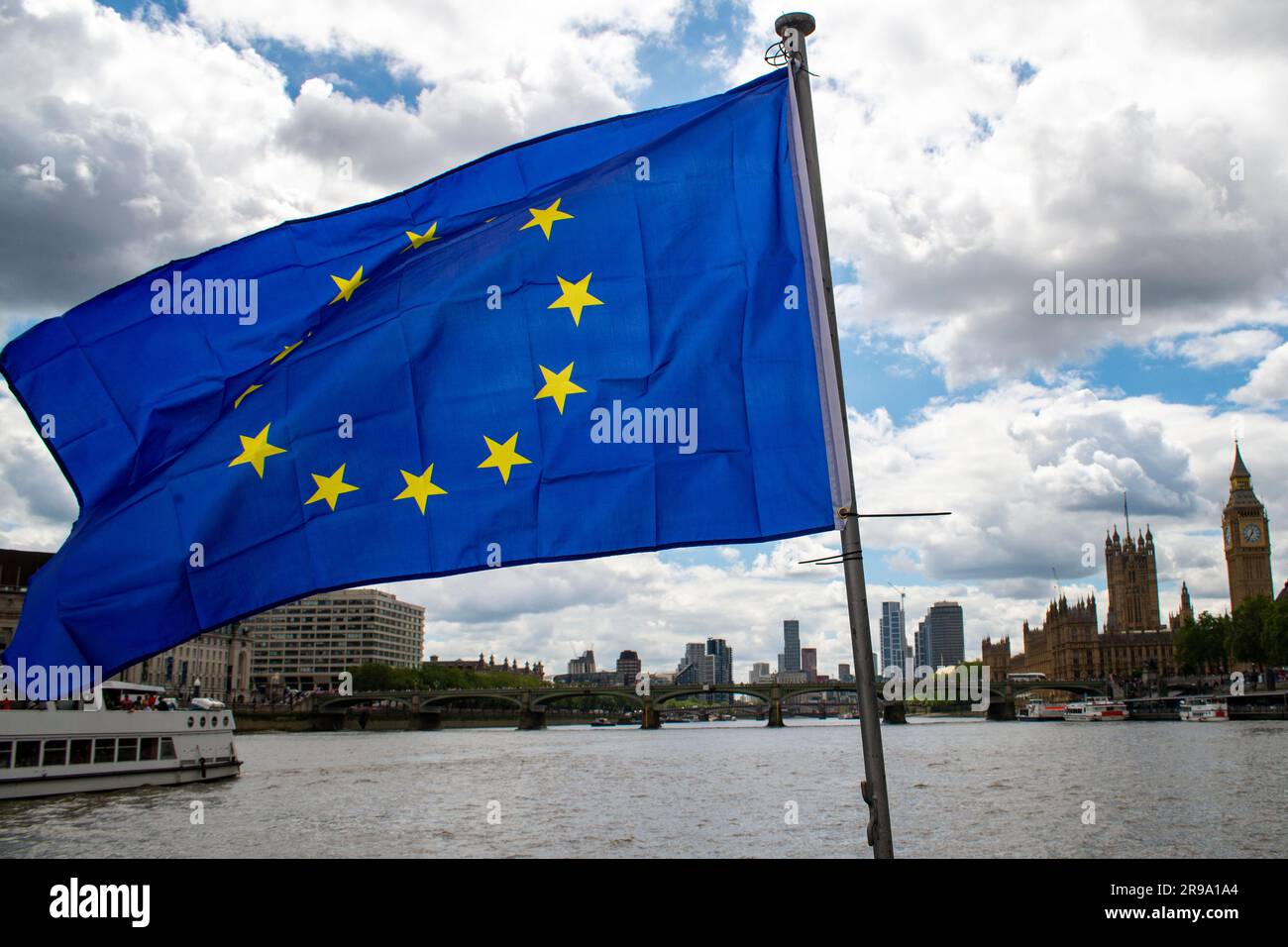 River Thames, London, UK - 24Jun2023 - EU flags flying from the boat at ...