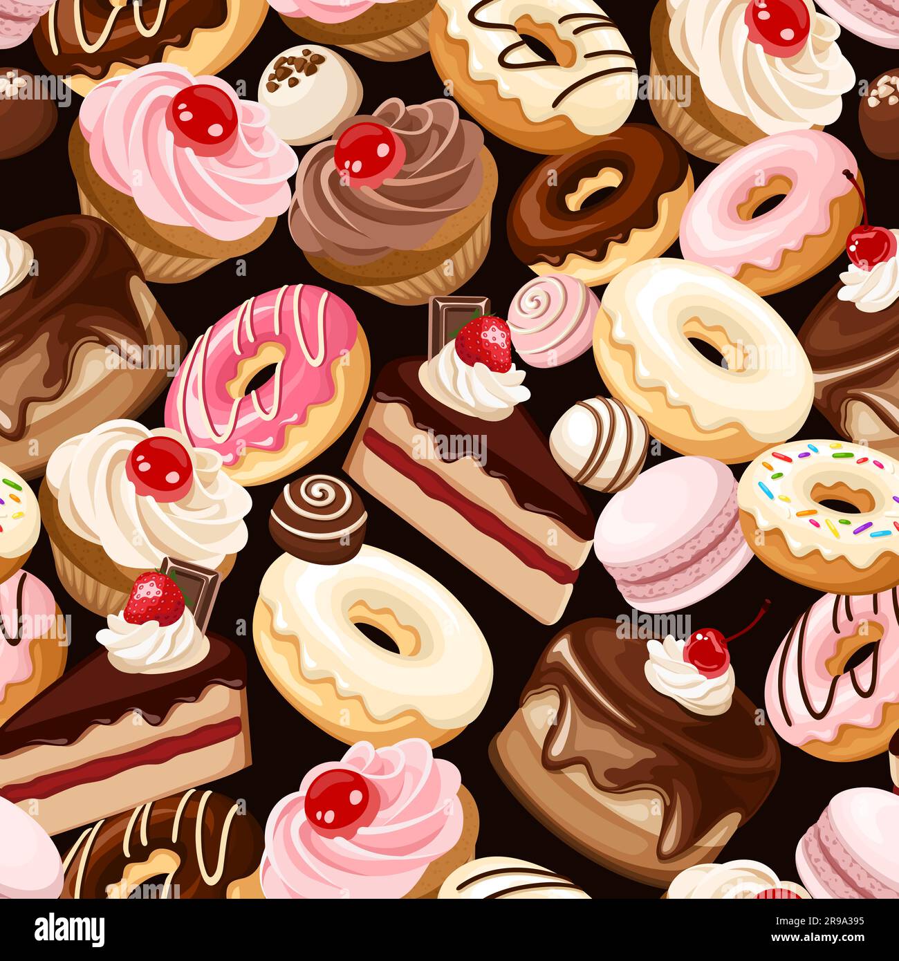 Seamless pattern with various cakes, cupcakes, macarons, donuts, candies, and other sweets on a ...
