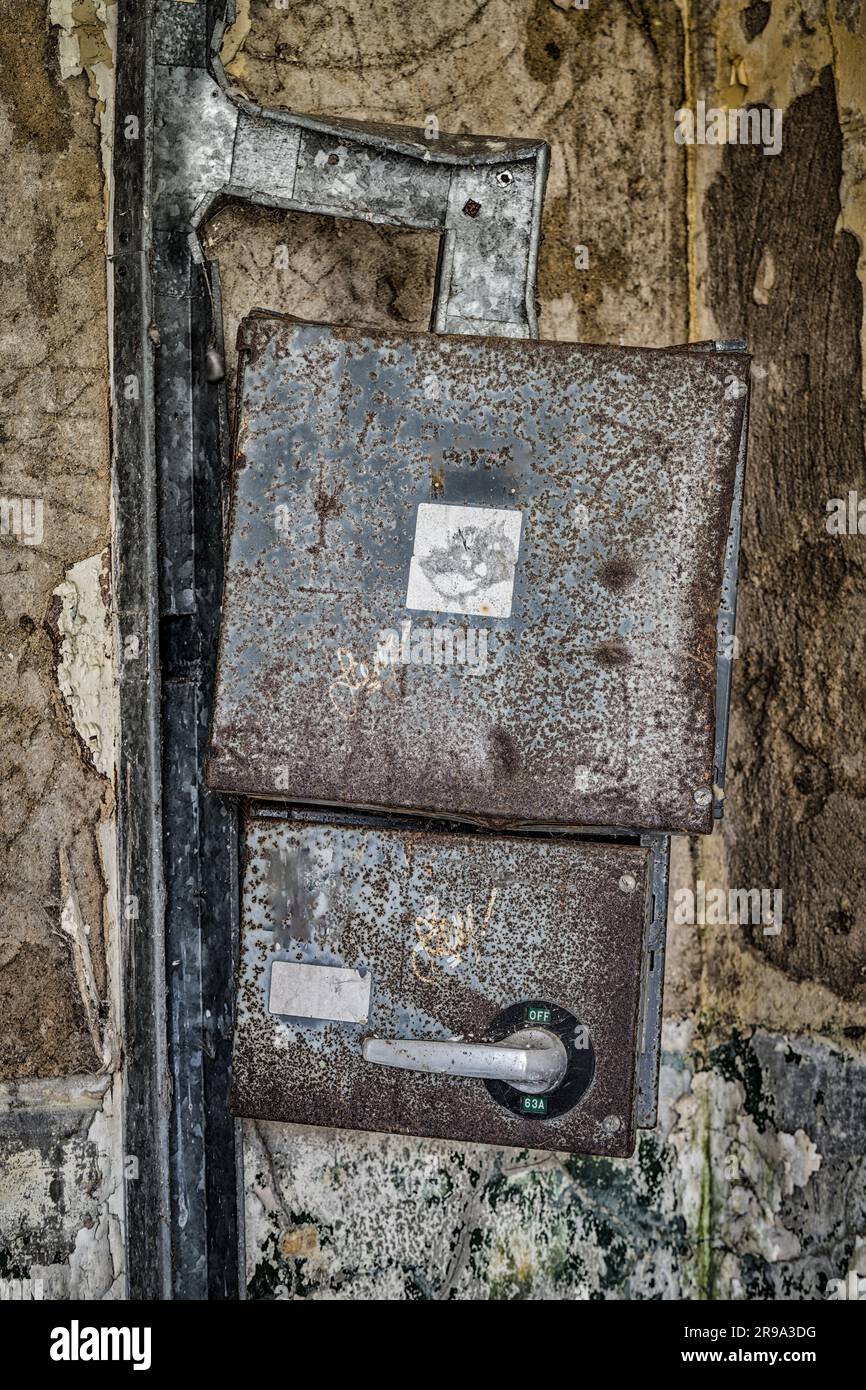 Rusty switch boxes in old abandoned RAF airbase Stock Photo - Alamy
