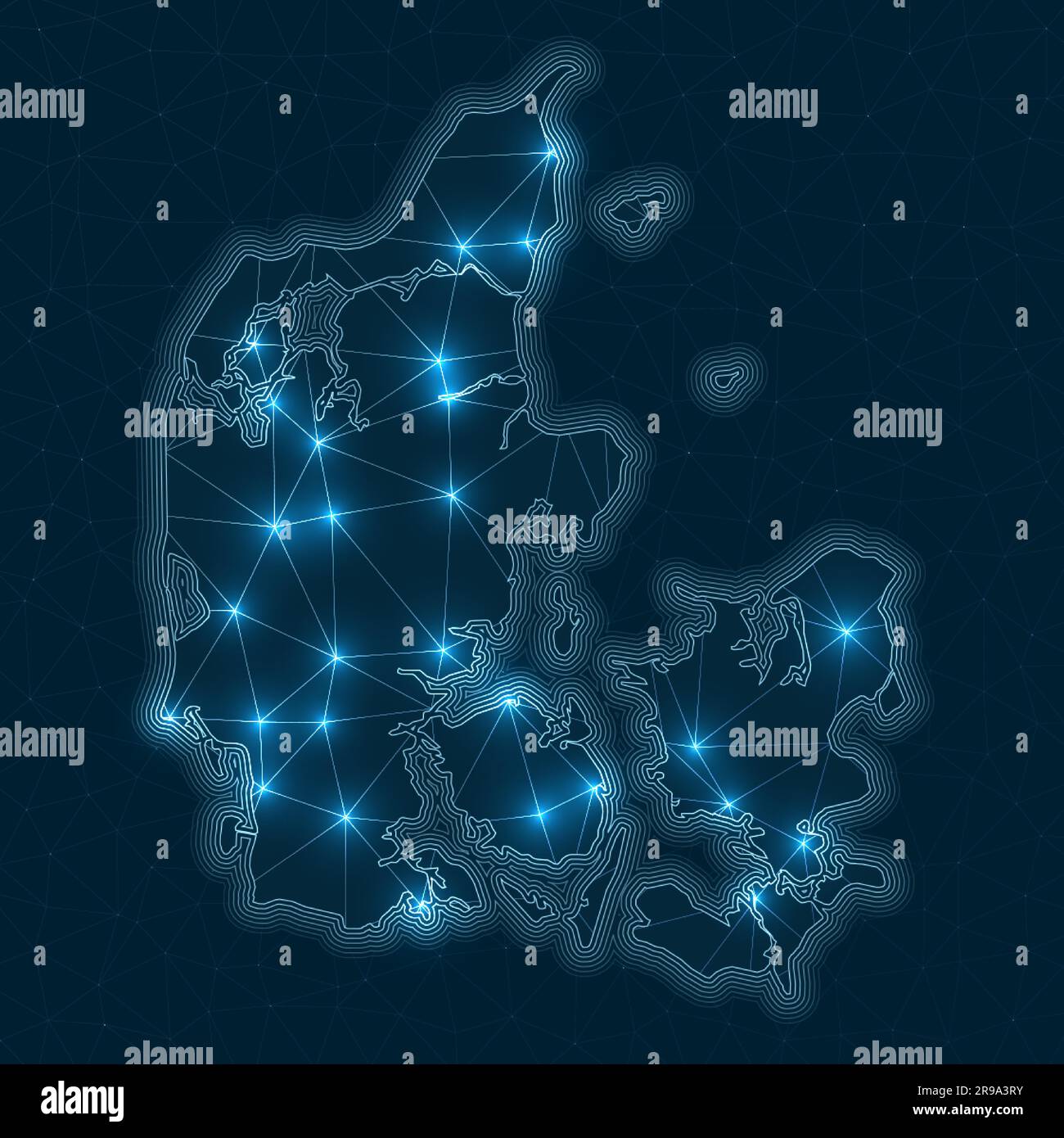 Denmark network map. Abstract geometric map of the country. Digital connections and ...
