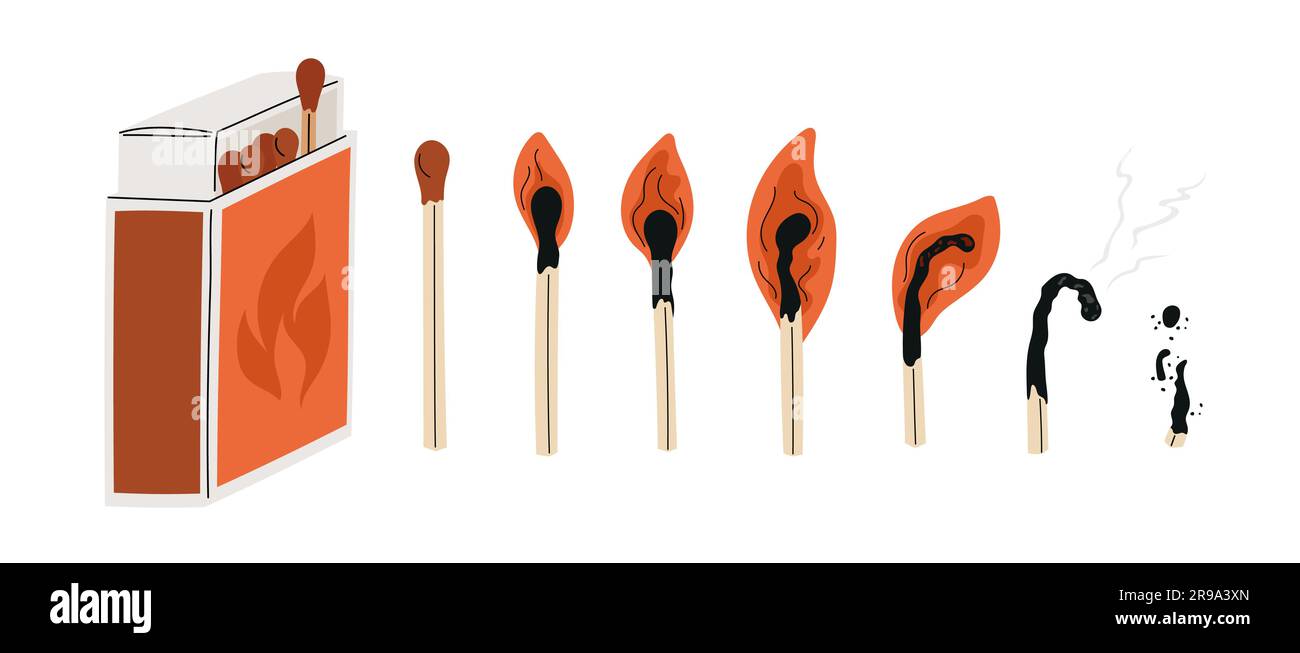 Cartoon burning match animation. Gradual combustion and extinction ...