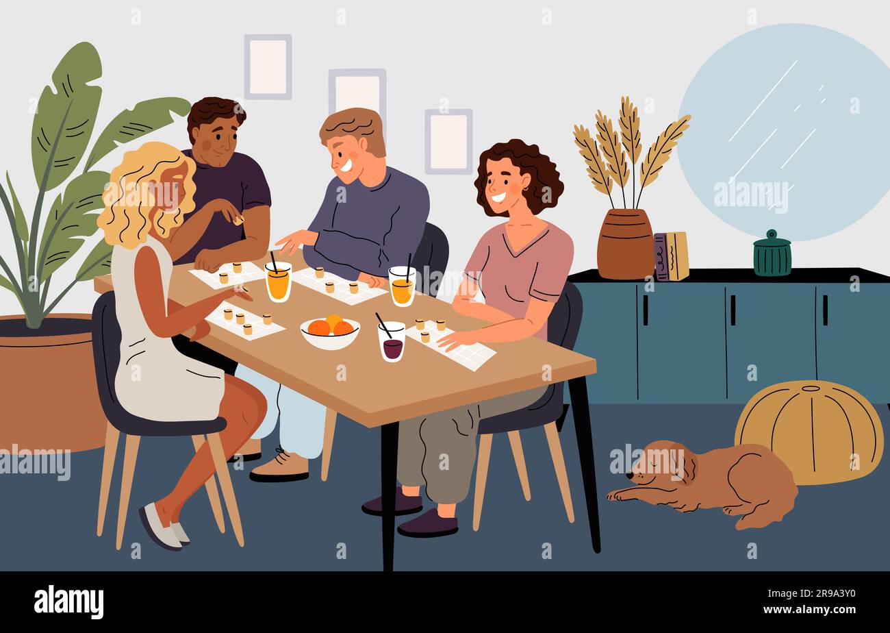 Adult friends play lotto in lobby. Board game. Group entertainments ...