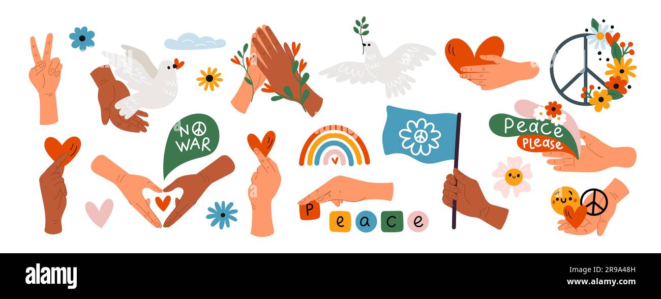 Cartoon human hands hold peace symbols. Love and freedom. Peacekeeping ...