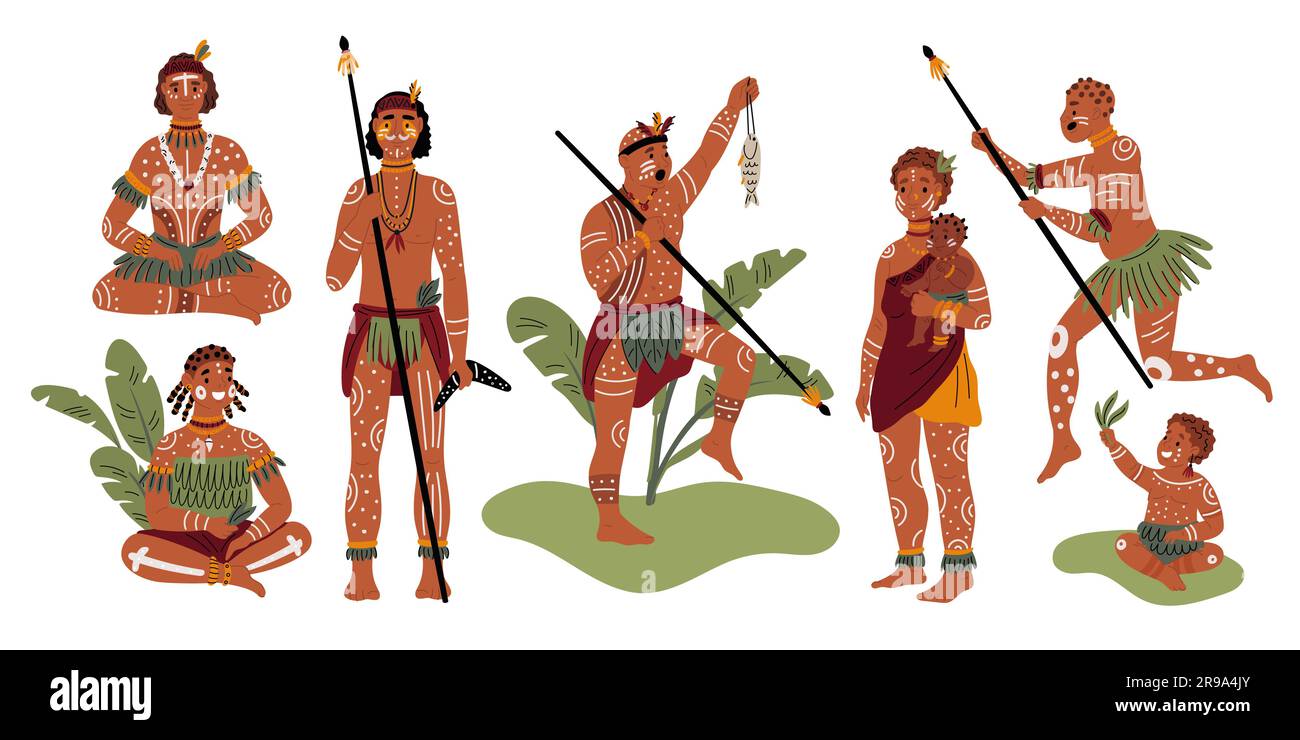 Cartoon African characters. Native tribal people with patterned bodies ... Cartoon African characters. Native tribal people with patterned bodies ...