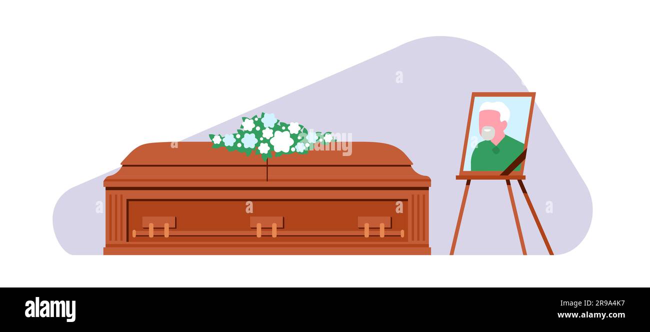 Funeral ritual. Wooden coffin with deceased and photo on stand. Dead ...
