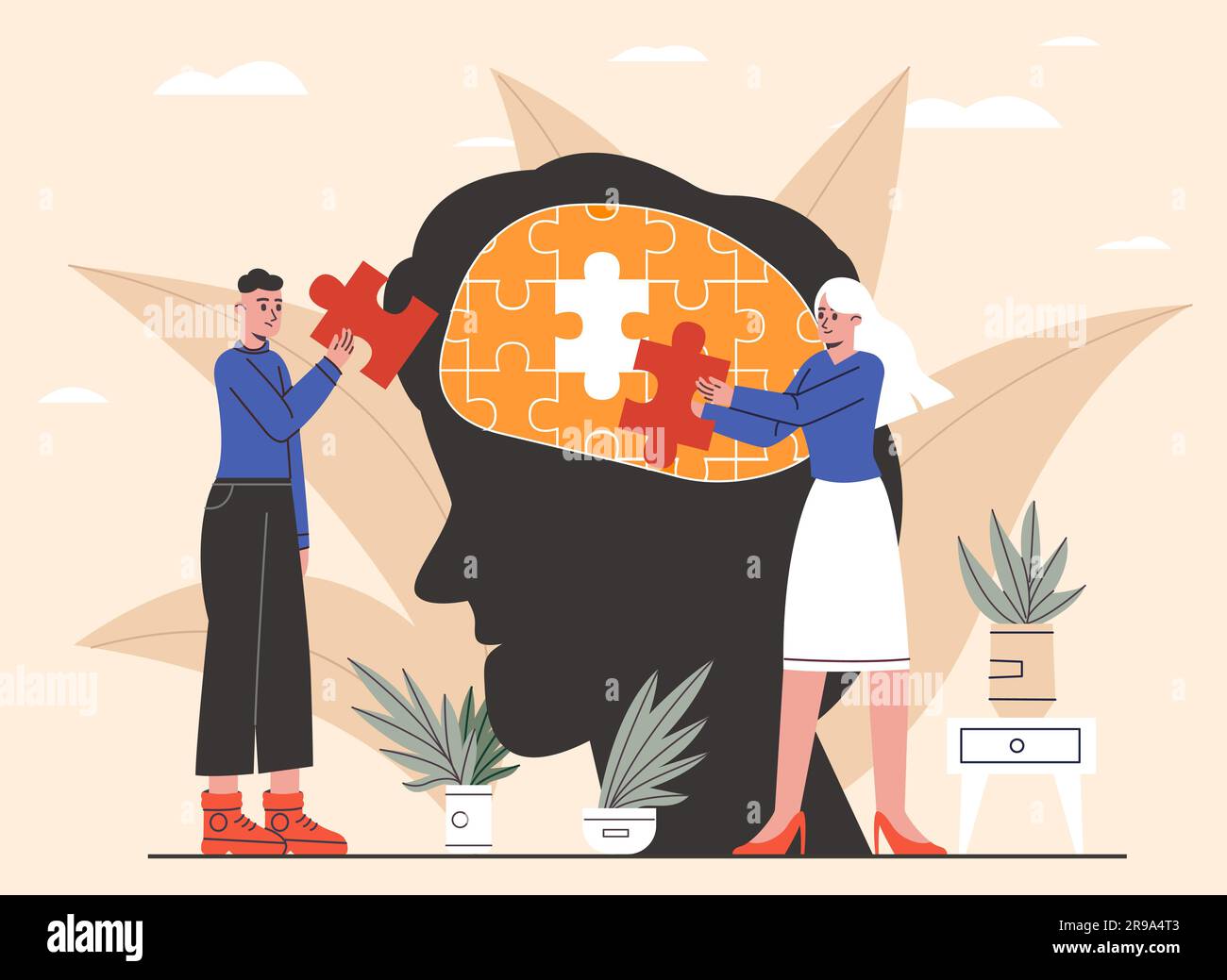 Mental health. Man and woman putting together puzzle in large ...