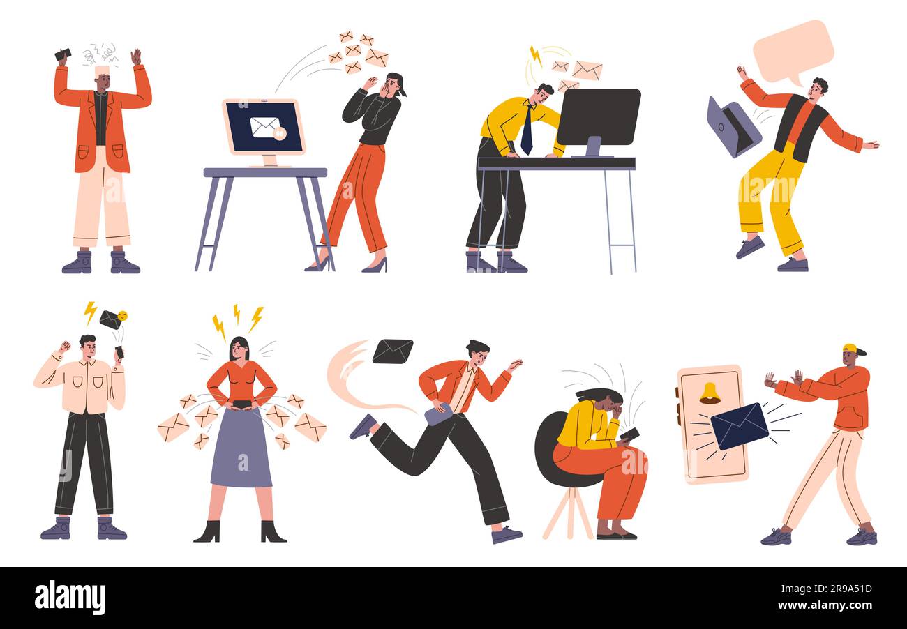 People in stress. Bad news attack. Nervous persons run away from ...