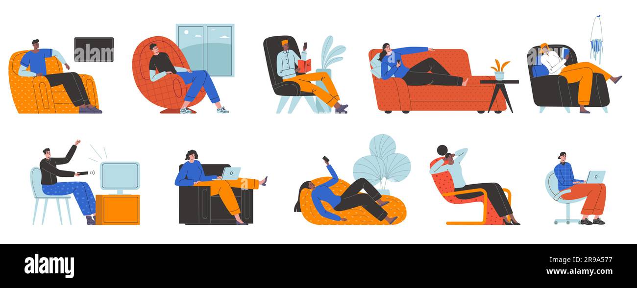Sedentary lifestyle cartoon people. Guys and girls lying on sofas. Men ...