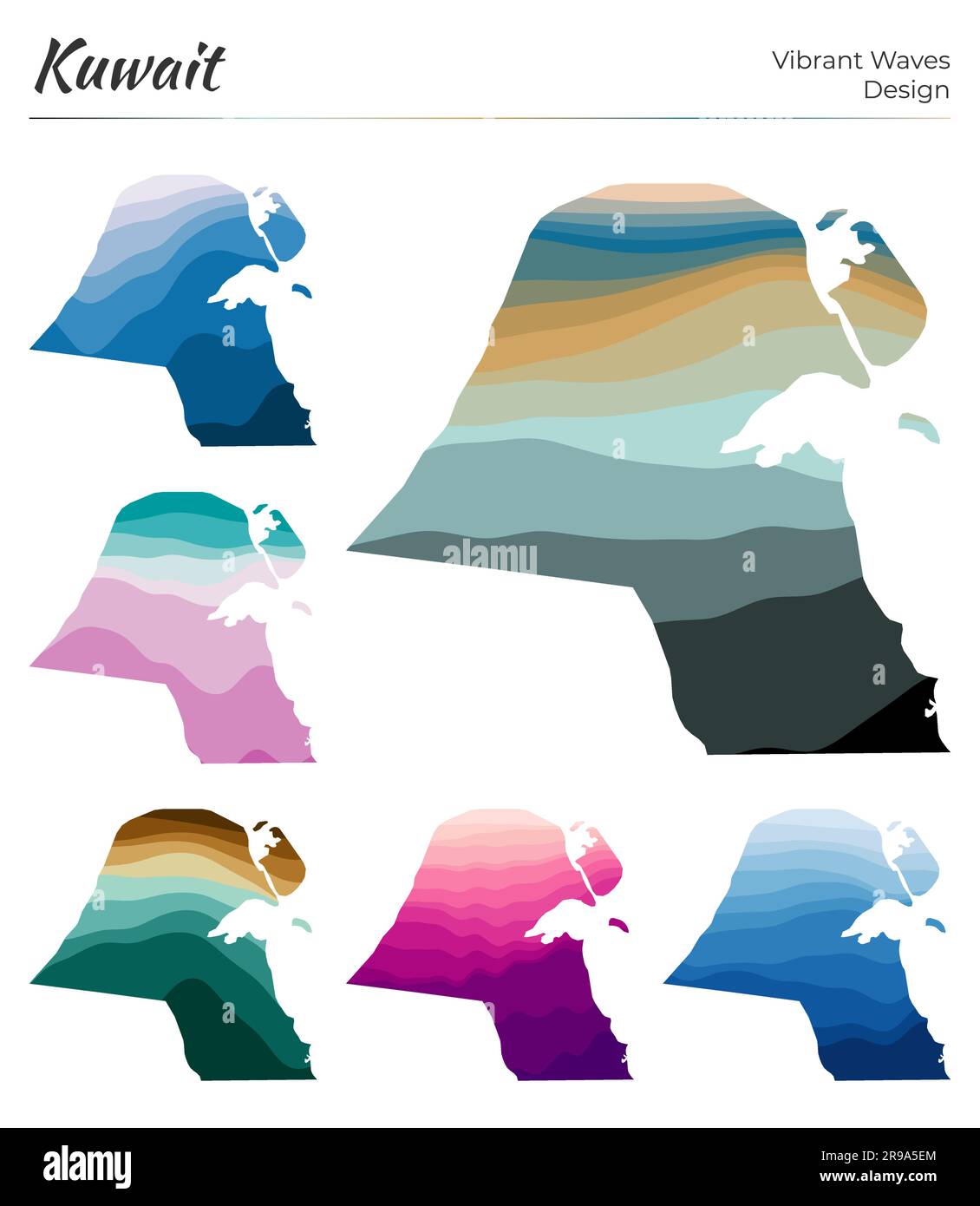 Set of vector maps of Kuwait. Vibrant waves design. Bright map of ...