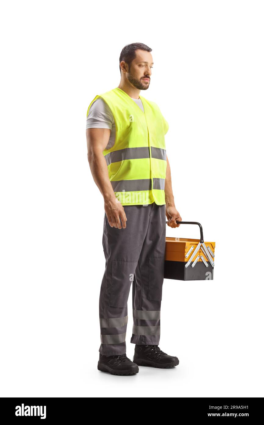 Road assistance mechanic holding a tool box isolated on white ...