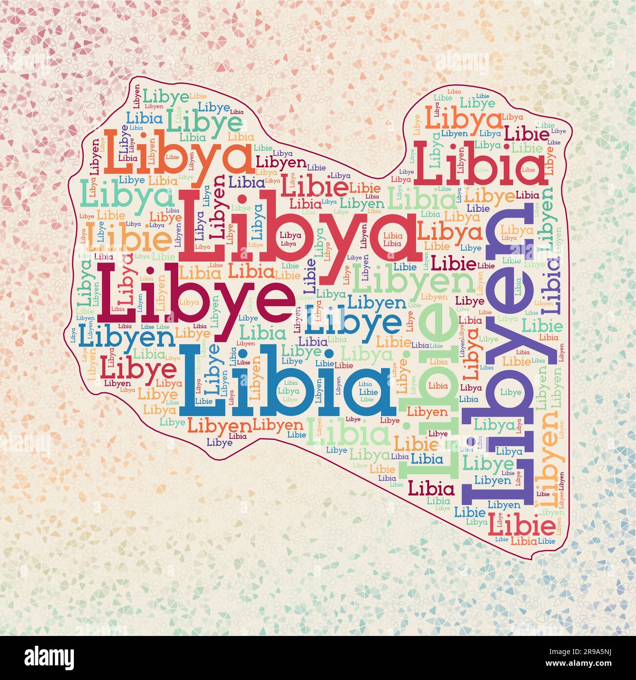 Libya shape with country names word cloud in multiple languages. Libya ...