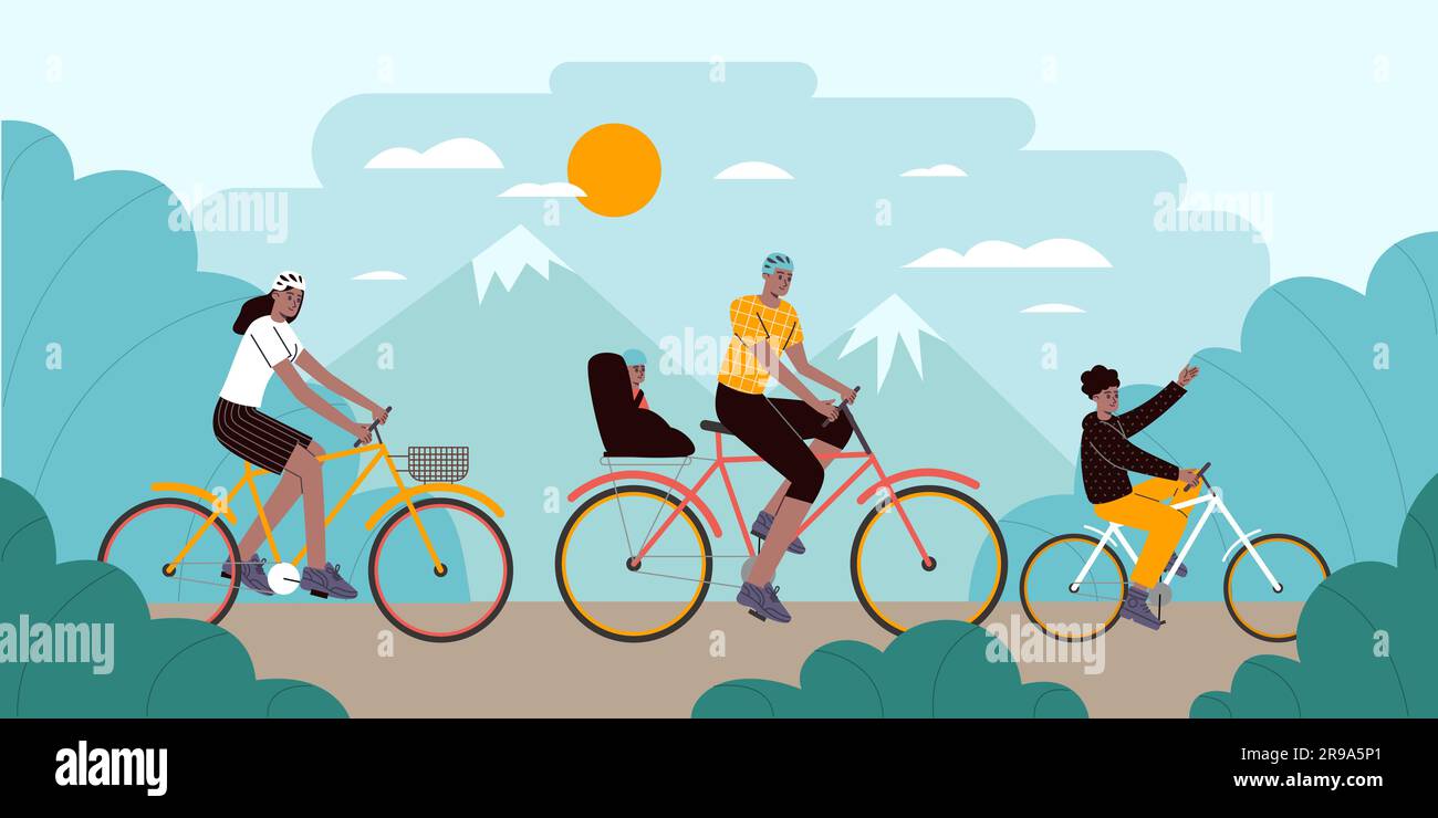 Family bike ride. Cartoon happy parents with kids on bicycles. Outdoor ...