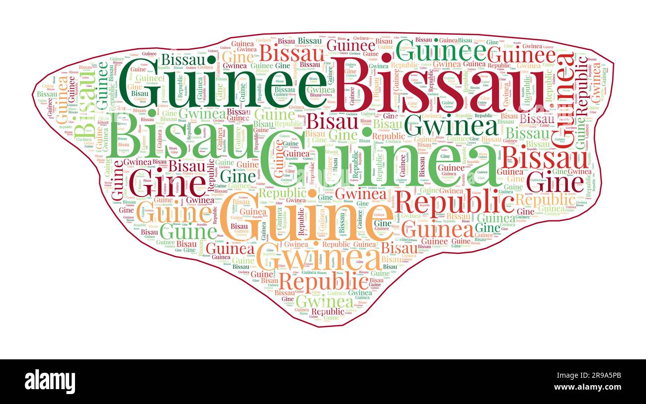 Guinea-Bissau shape filled with country name in many languages. Guinea ...