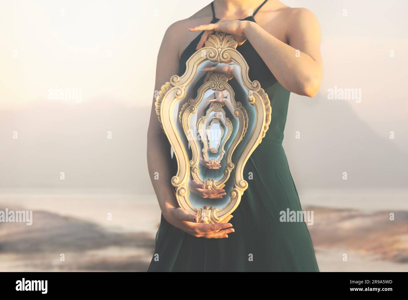woman holding a mirror reflecting a surreal image of herself in loop ...