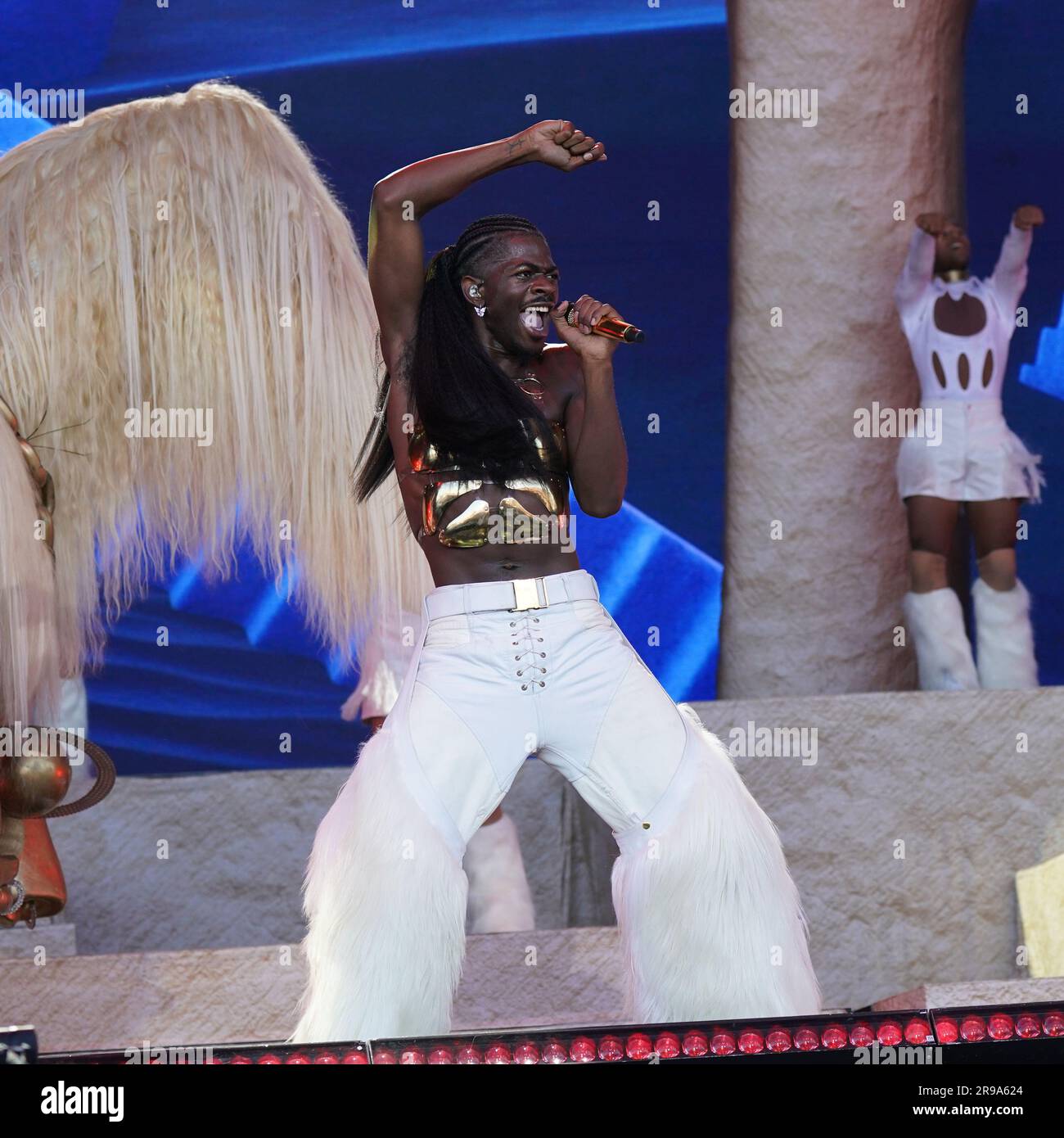 Lil Nas X performing on the Pyramid Stage at the Glastonbury Festival ...