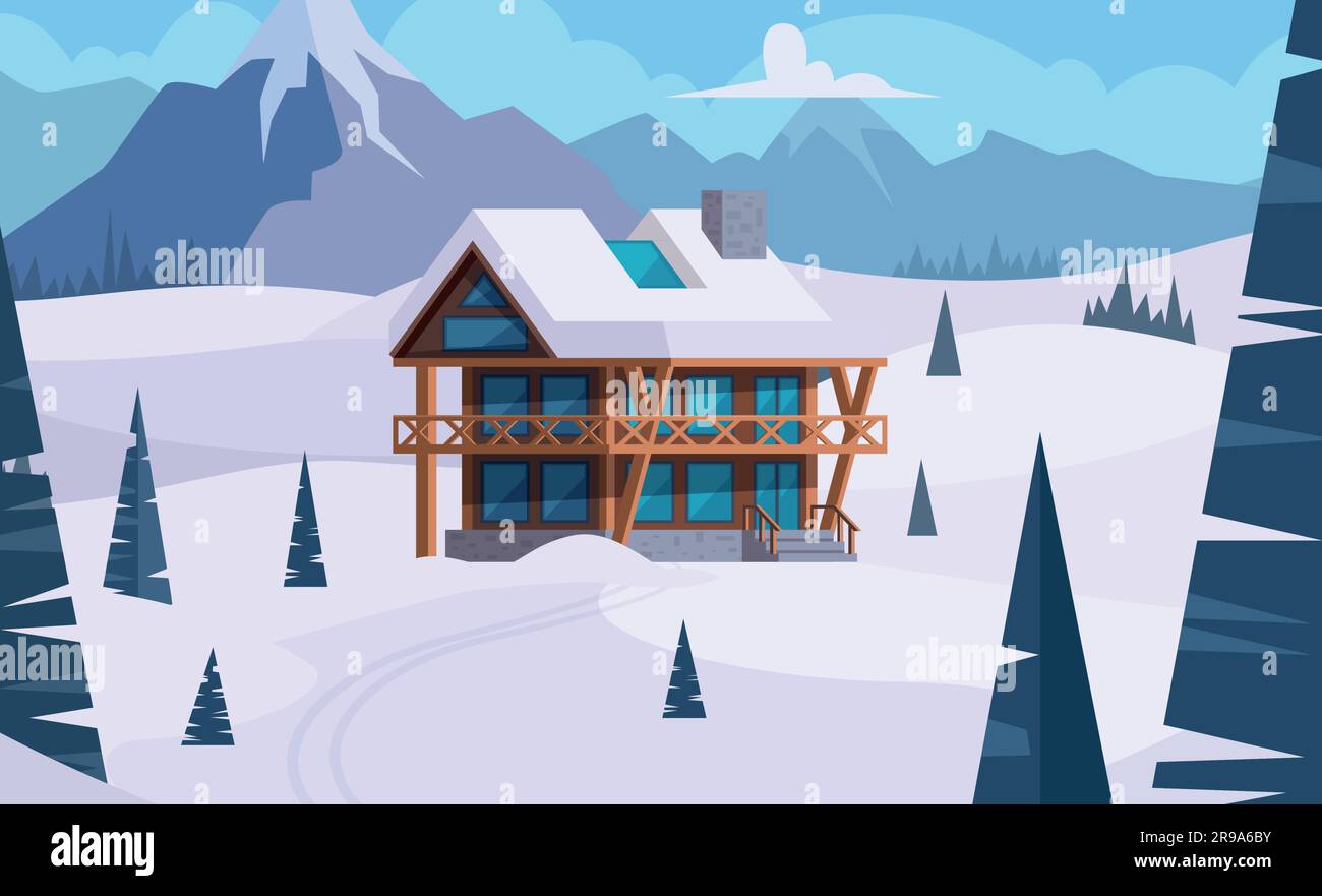 Snow house. Travel vacation in winter mansion in mountains. Vector ...