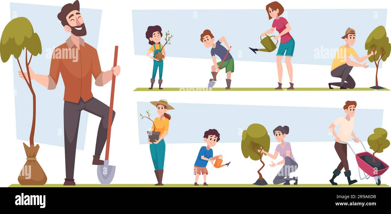 Green plants care. People male and female characters planting trees ...