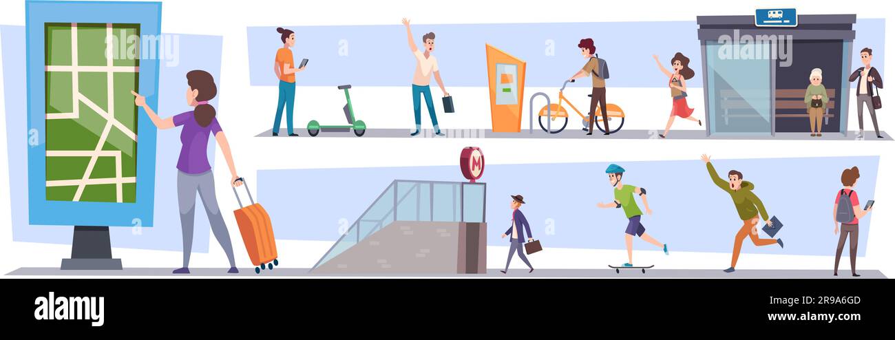 People bus station. Urban daily activities walking running sitting ...