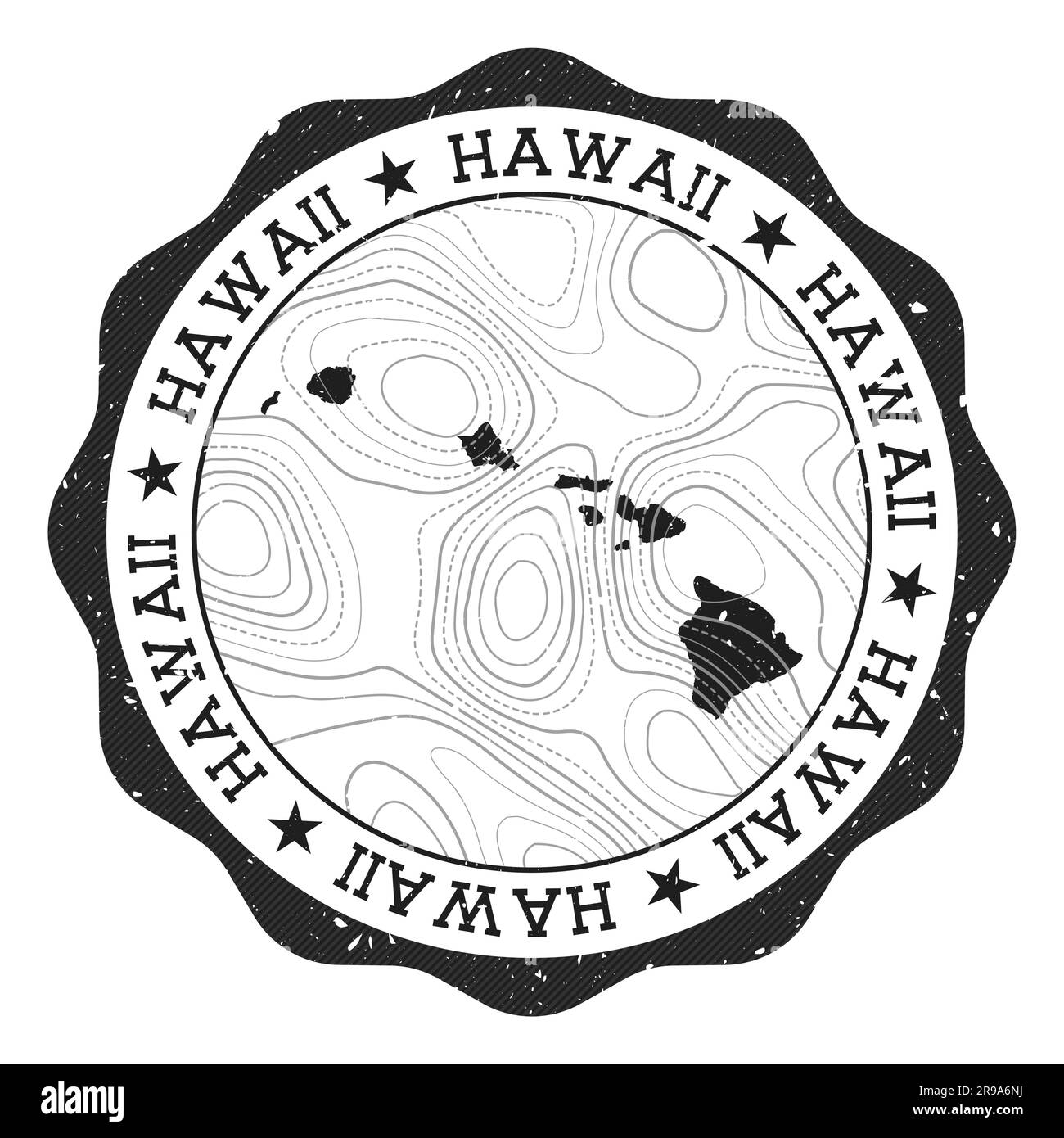 Hawaii outdoor stamp. Round sticker with map of island with topographic ...