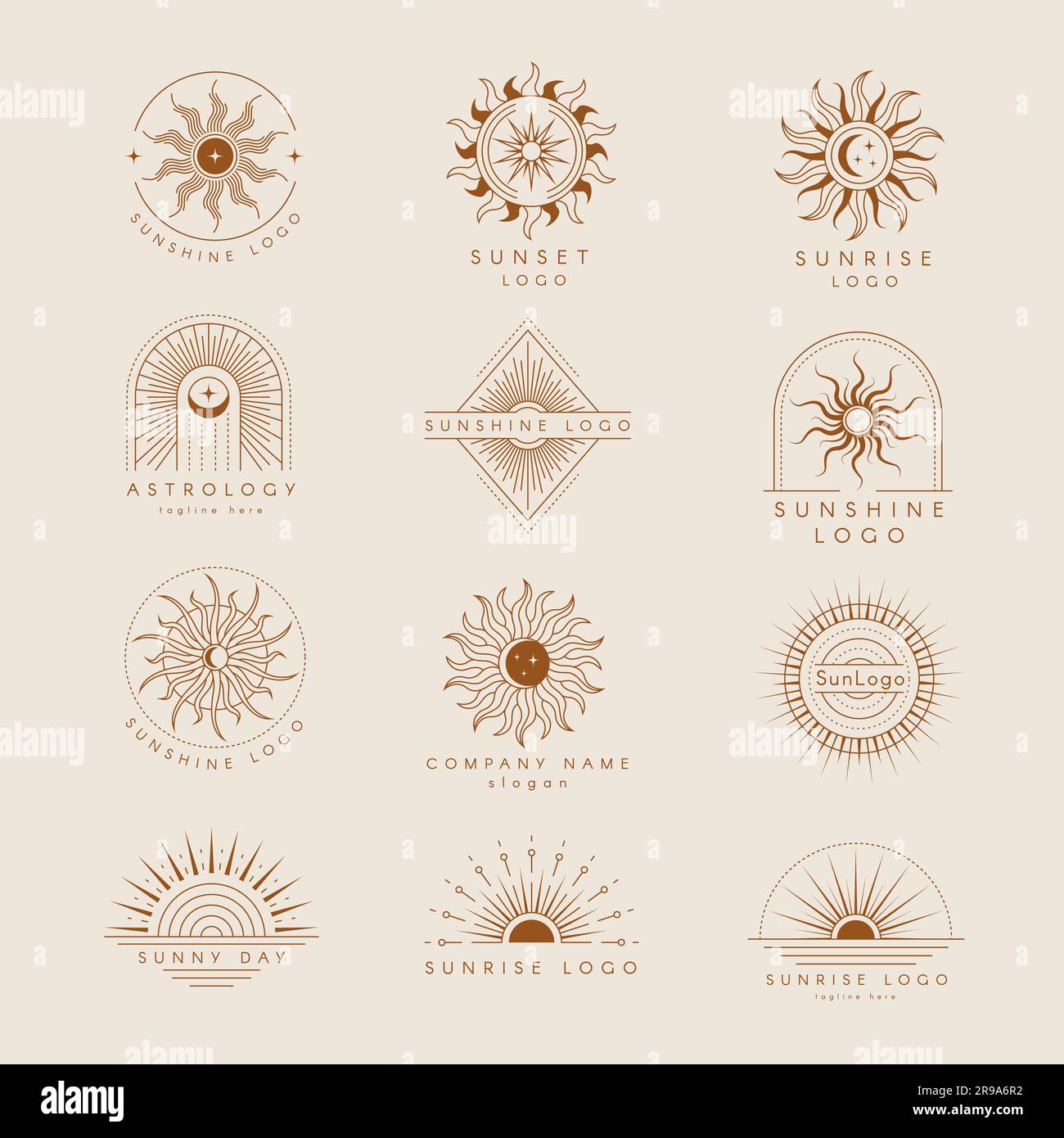 Sun logo. Badges or emblems with starburst linear trendy style recent ...
