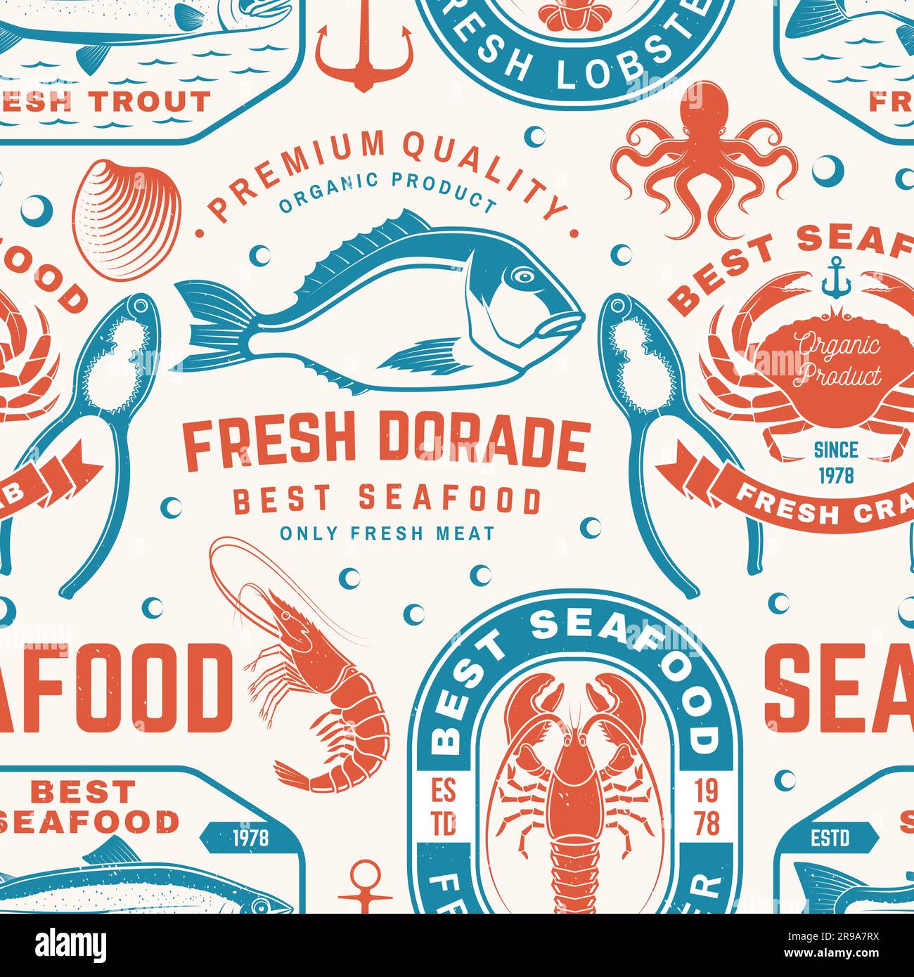 Set of seafood seamless pattern. Fresh tuna, octopus, trout, shrimp ...