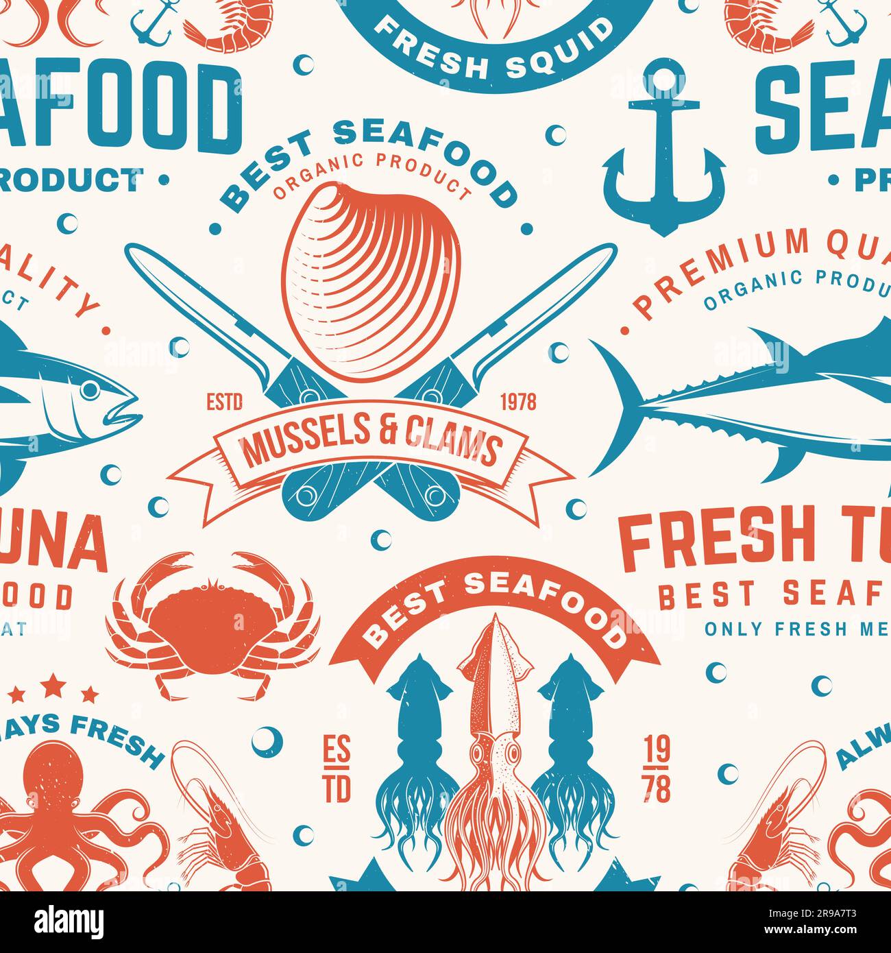 Set of seafood seamless pattern. Fresh tuna, octopus, trout, shrimp ...
