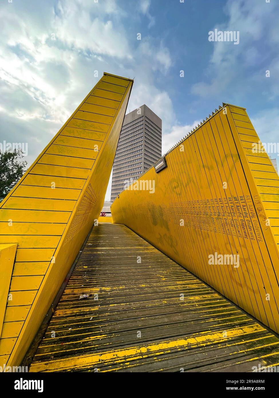 Rotterdam, Netherlands - October 10, 2021: The Luchtsingel is a yellow ...