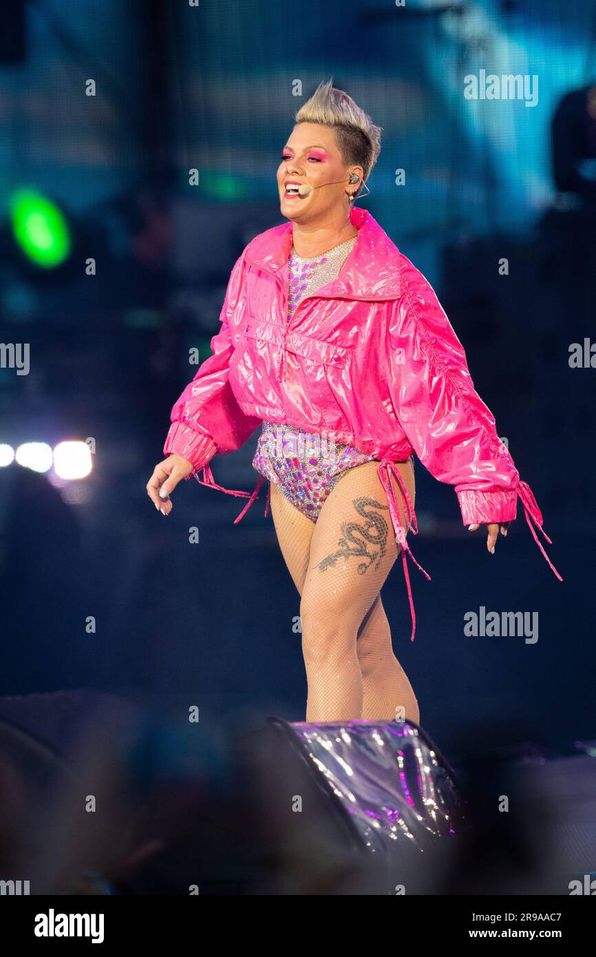 Pink performing on stage at BST Hyde Park in London. Picture date ...