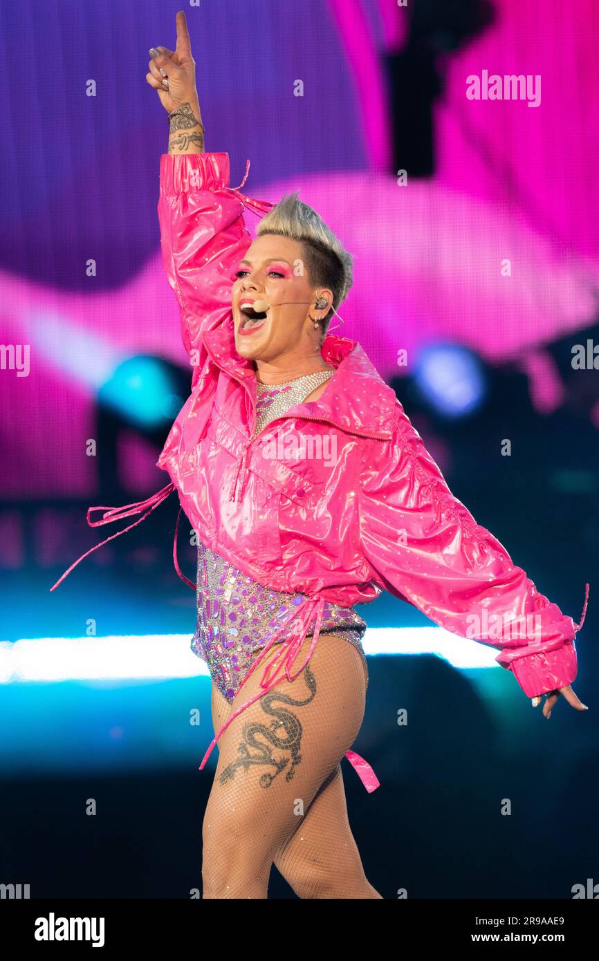 Pink performing on stage at BST Hyde Park in London. Picture date ...