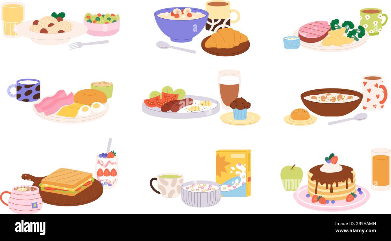 Isolated lunch breakfast meal. Croissant and bowl with porridge ...