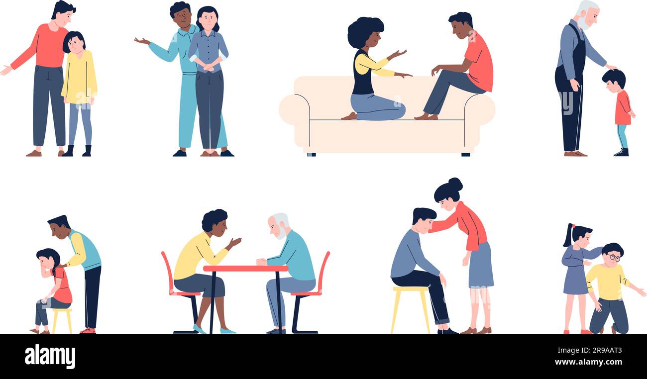 Couple and family consoled, friend in grief together. Parents support ...