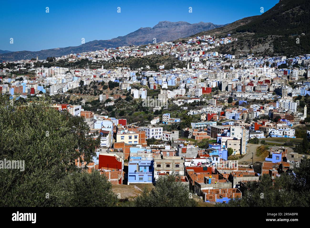 Upon the entrance to Chefchaouen, Morocco, an overlook area affords ...