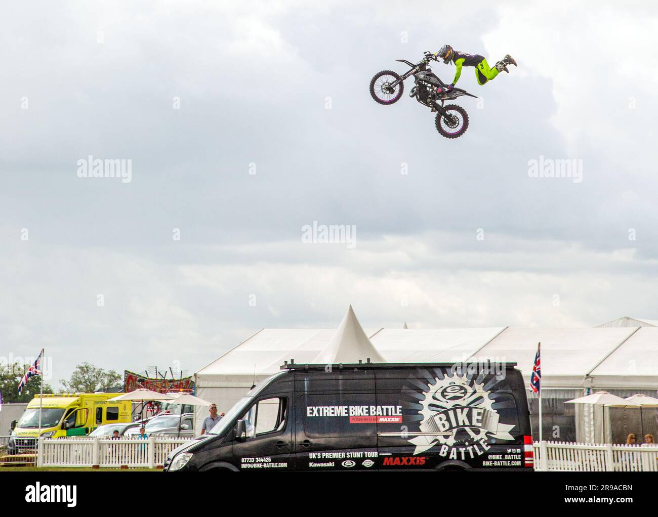 Motorcycle stunt rider from the extreme bike battle display team doing ...
