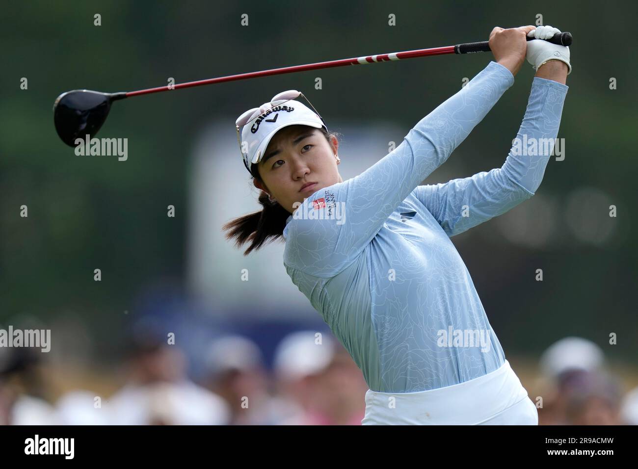 Rose Zhang watches her tee shot on the 17th hole during the final round of the Women's PGA ...