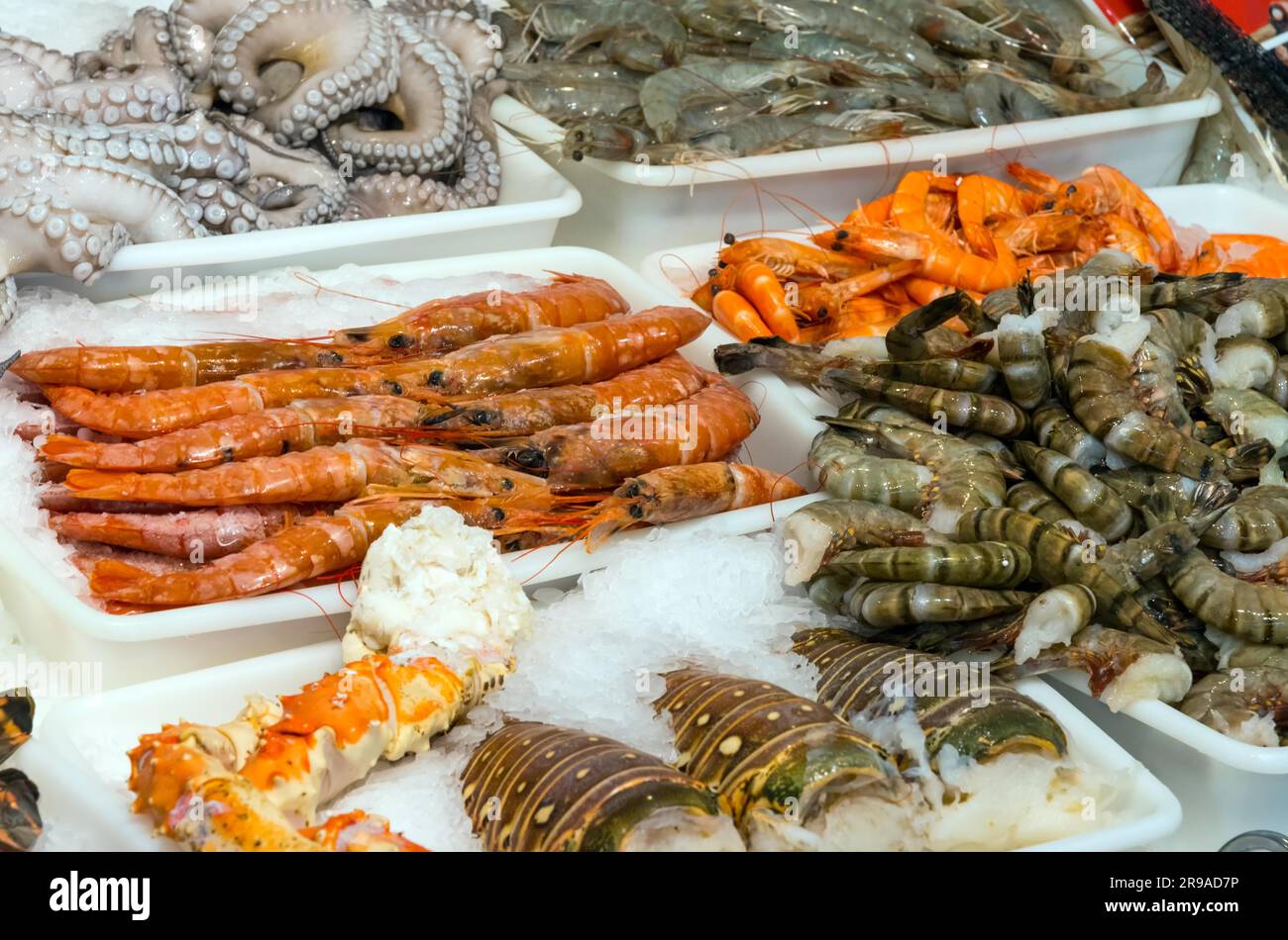 Seafood and shellfish for sale at a market Stock Photo - Alamy