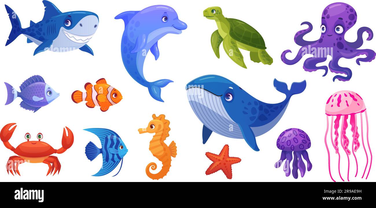 Underwater inhabitants. Cartoon aquatic animal inhabit sea nature ...