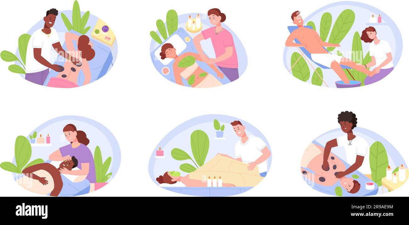 People Massaging Salon Couples Cartoon Woman And Man Relax On Physiotherapy Massage Or Spa
