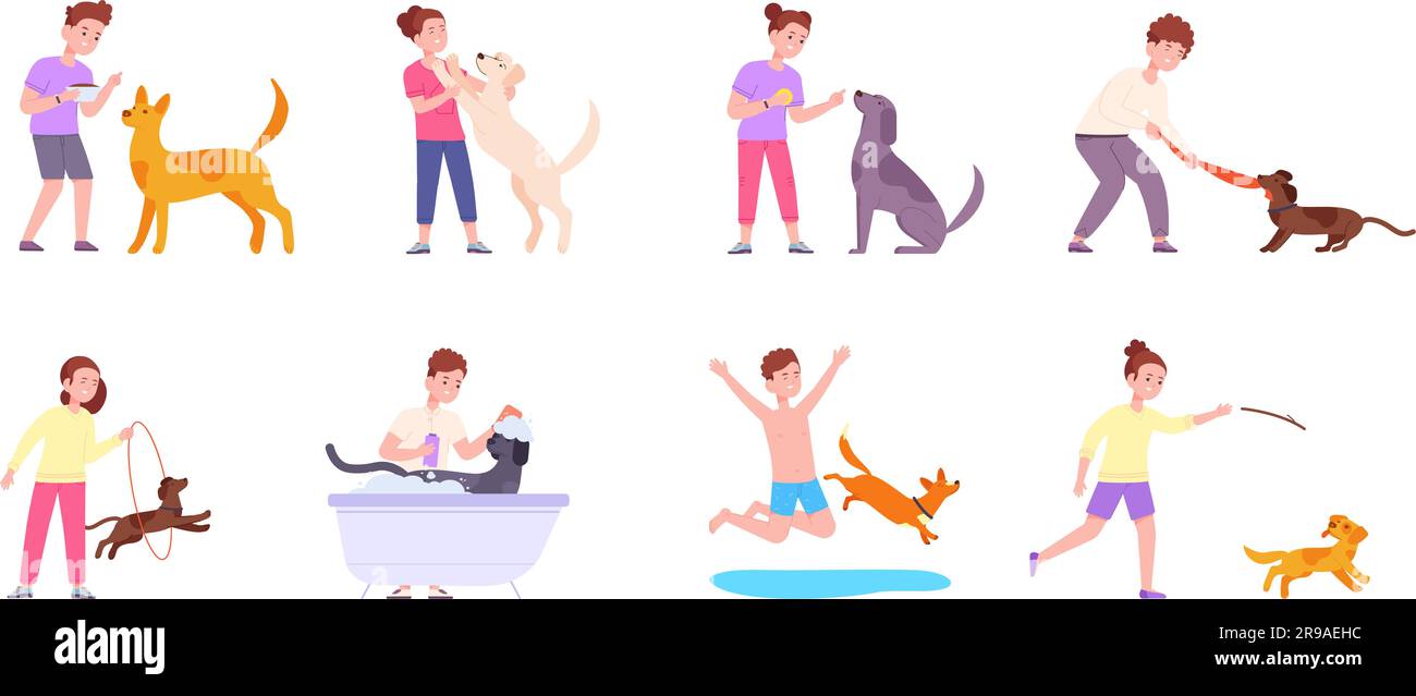 Kids playing with puppies. Cartoon children owner of cute dog, boy and ...